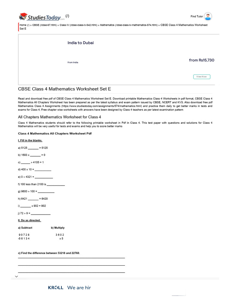 CBSE Class 4 Mathematics Worksheet Set E | PDF | Multiple Choice ...