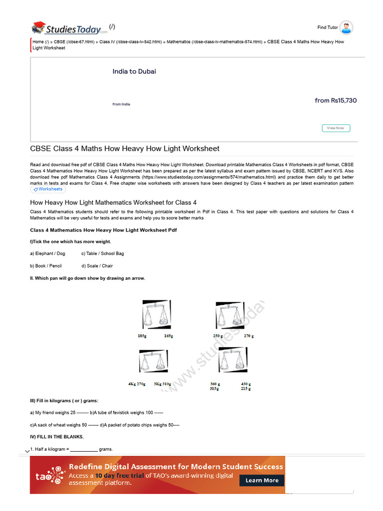 Class 4 Maths: How Heavy How Light Worksheet | PDF | Multiple Choice ...