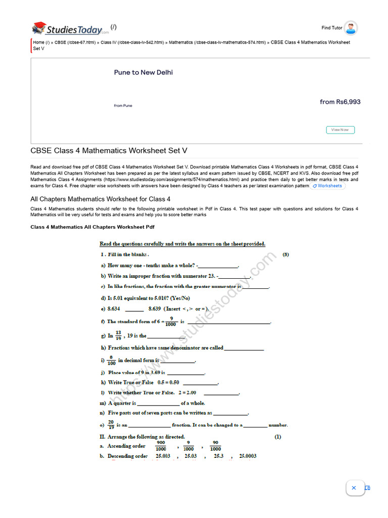 CBSE Class 4 Mathematics Worksheet Set V | PDF | Multiple Choice ...