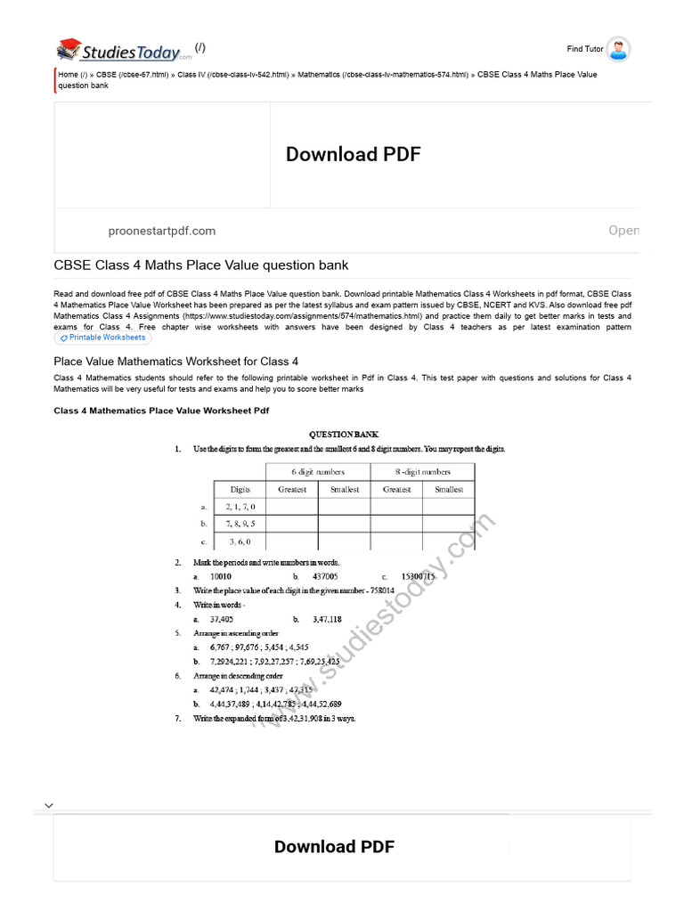 CBSE Class 4 Maths Place Value Question Bank | PDF | Multiple Choice ...