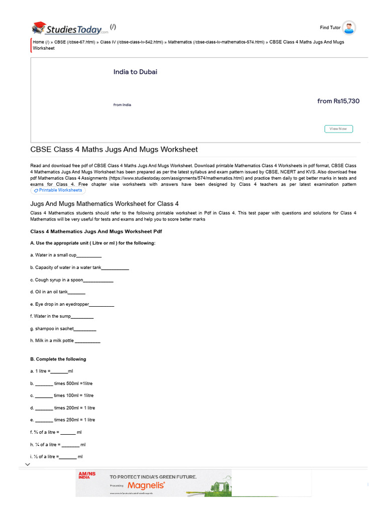 CBSE Class 4 Maths Jugs and Mugs Worksheet | PDF | Multiple Choice ...