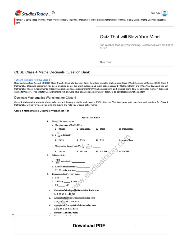 Class 4 Maths Decimals Worksheet | PDF | Multiple Choice | Worksheet