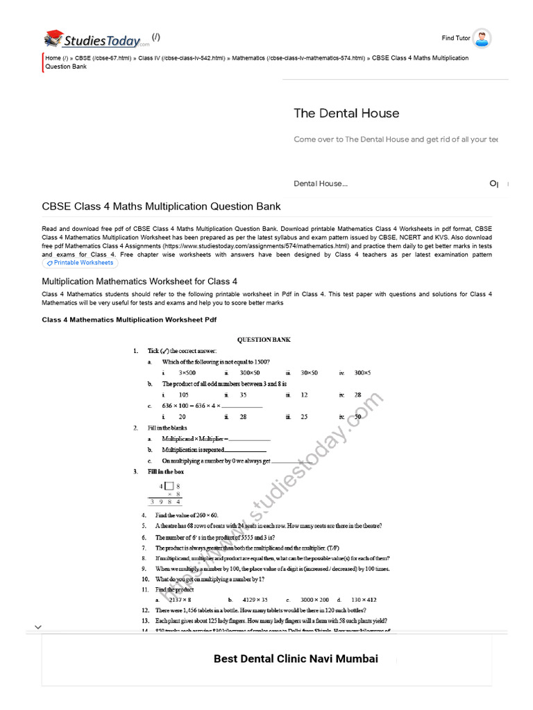 CBSE Class 4 Multiplication Worksheets | PDF | Multiple Choice | Worksheet