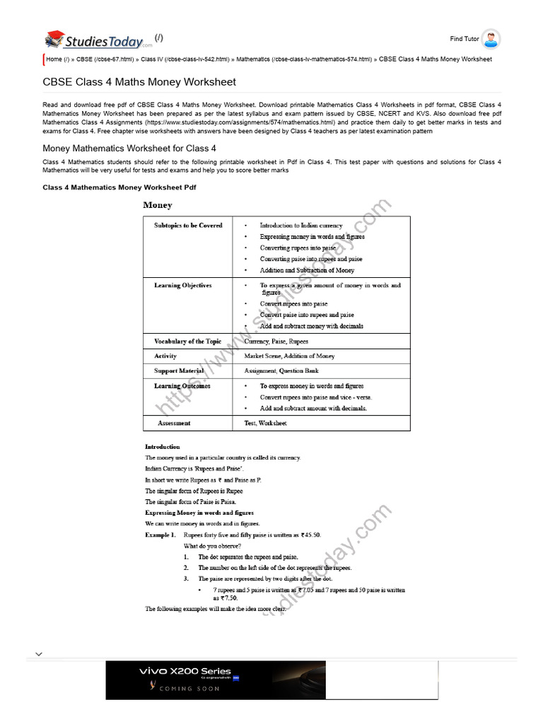 Class 4 Money Worksheet PDF Download | PDF | Multiple Choice | Worksheet