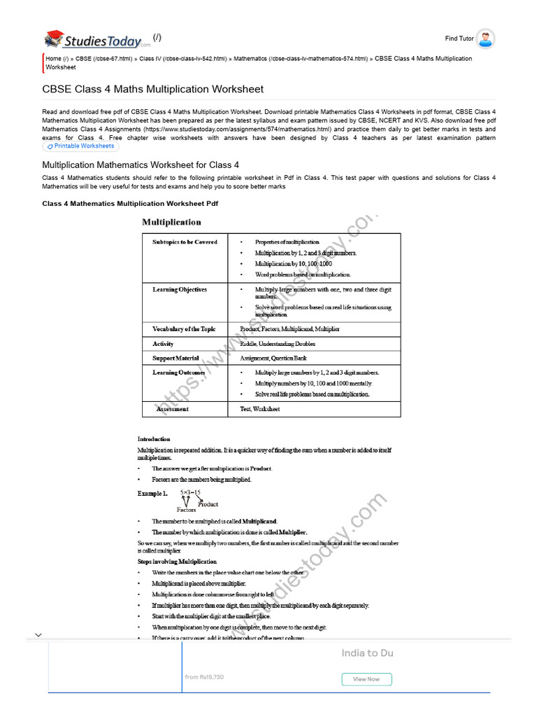 Class 4 Maths Multiplication Worksheet | PDF | Multiple Choice
