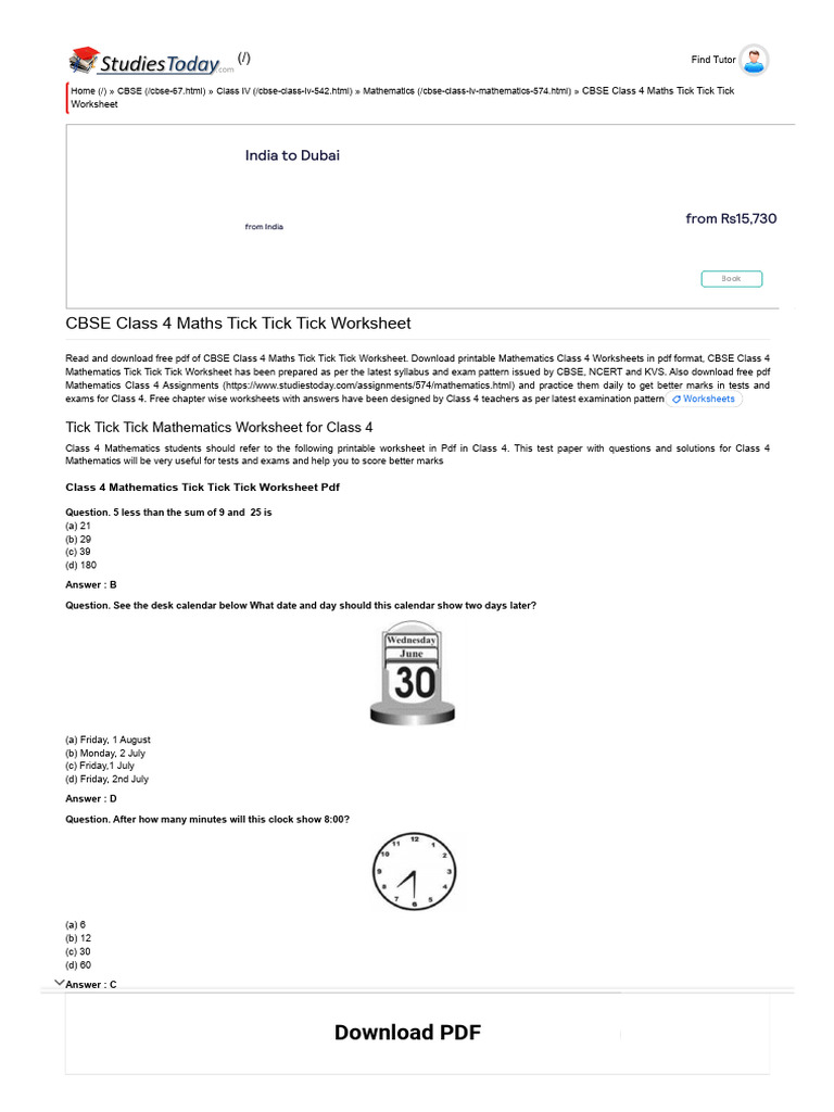 CBSE Class 4 Maths Tick Tick Tick Worksheet | PDF | Multiple Choice