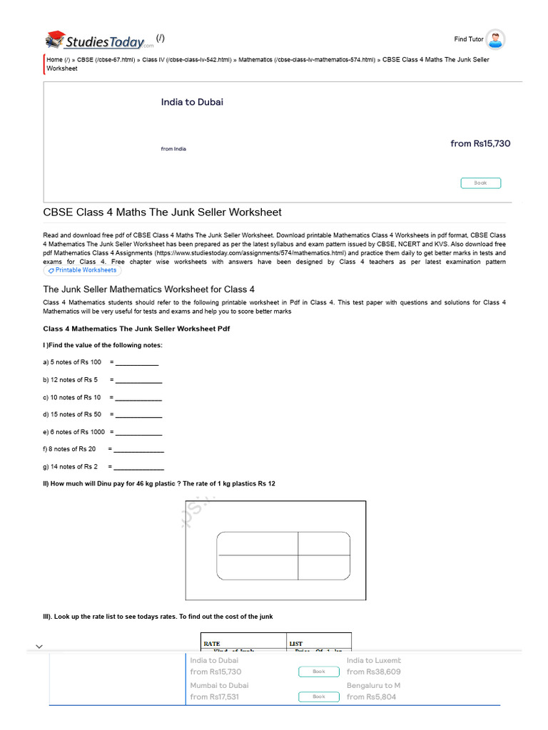 CBSE Class 4 Maths The Junk Seller Worksheet | PDF | Multiple Choice