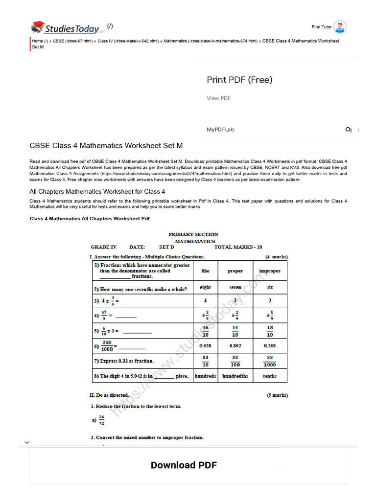 CBSE Class 4 Mathematics Worksheet Set M | PDF | Multiple Choice ...