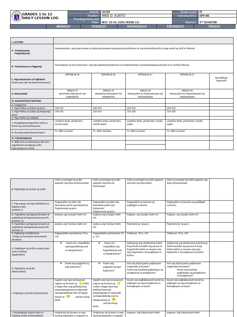 DLL - Epp-He 4 - Q4 Week4 | PDF