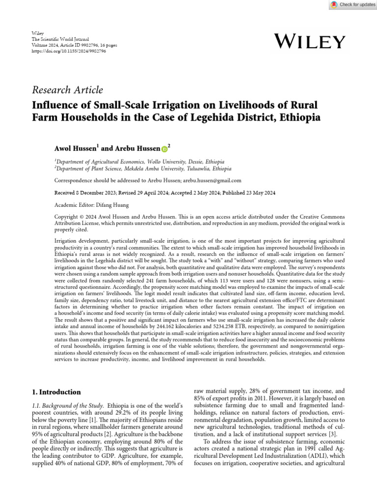 The Scientific World Journal - 2024 - Hussen - Influence of Small Scale Irrigation On ...
