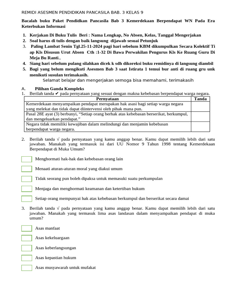 REMIDI ASESMEN Pend Pancasila KLS. 9 BAB 3 | PDF