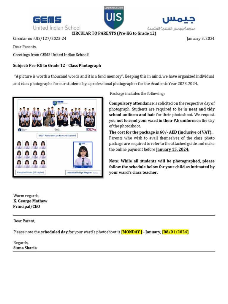 Class Photoshoot Details for Parents | PDF