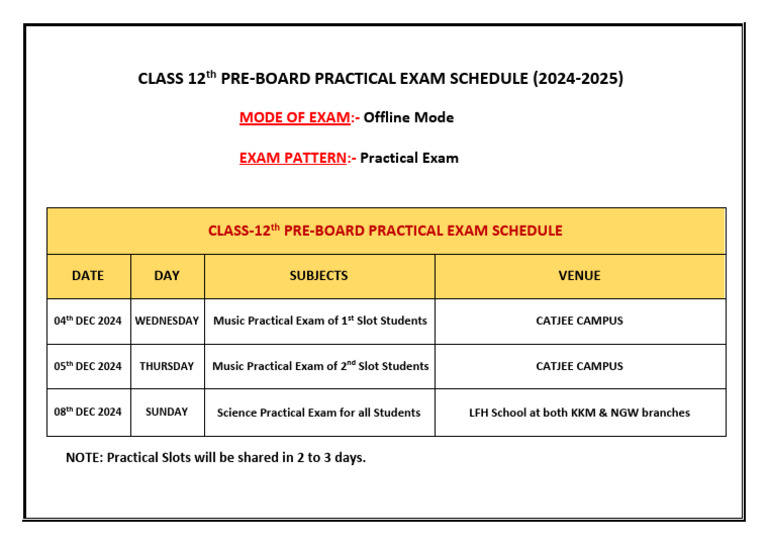 Pre-Board Practical Exam Schedule | PDF