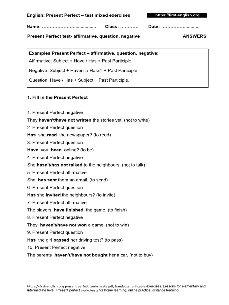Present Perfect 71 Questions Negatives Test Answers | PDF