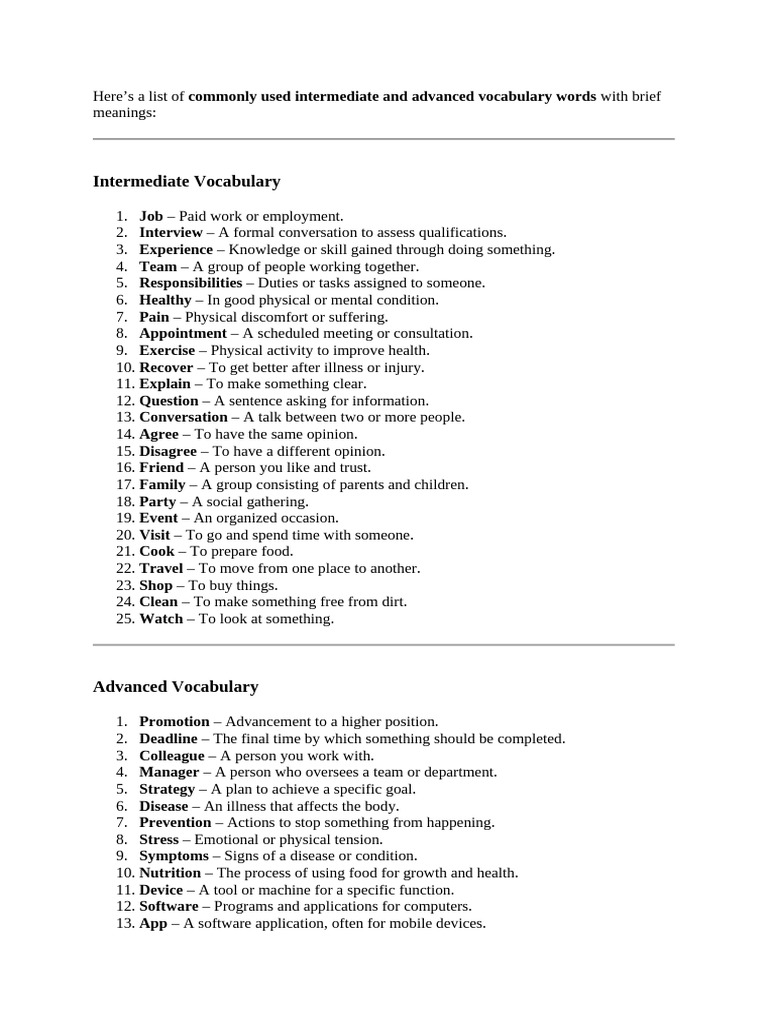 Vocabulary Words for Intermediate & Advanced Learners | PDF | Knowledge ...