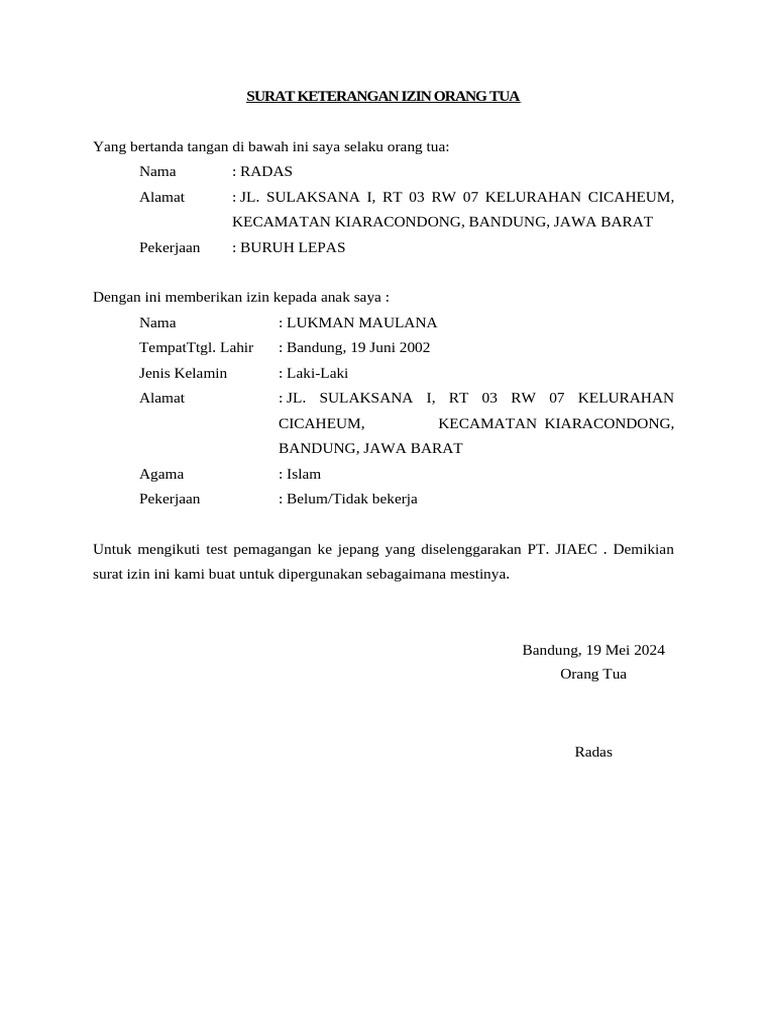 Surat Keterangan Izin Orang Tua | PDF