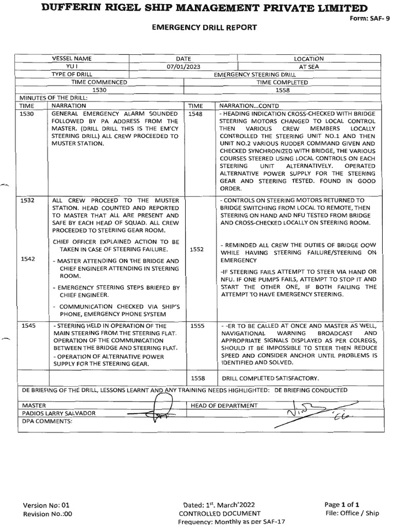 Emergency Drill Reports for Vessel YU I | PDF | Ships | Water Transport