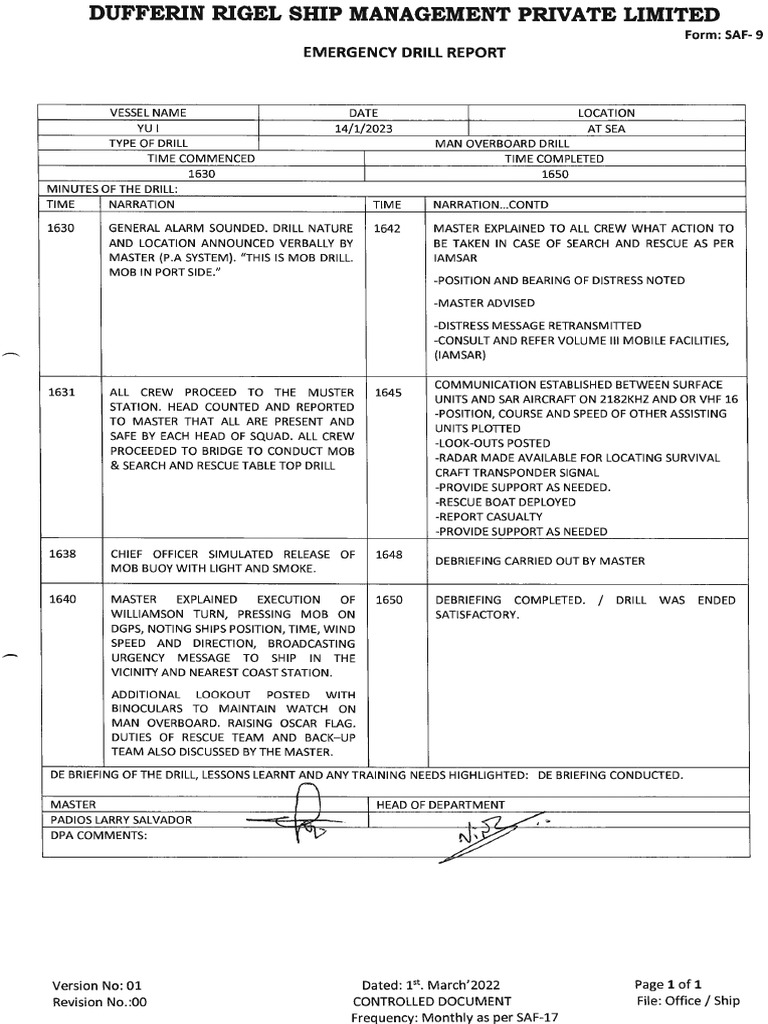 Emergency Drill Reports for Vessels | PDF | Search And Rescue | Watercraft