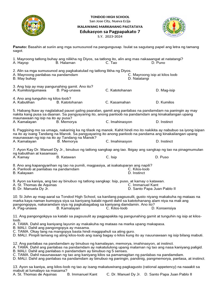 ESP 7 2nd Quarter Exam | PDF