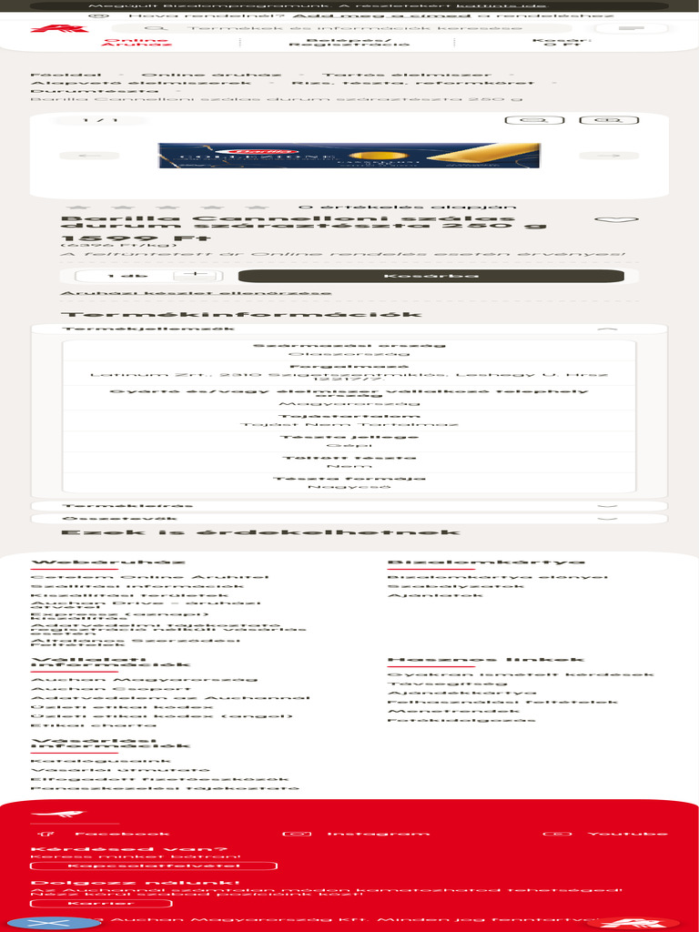 Barilla Cannelloni Szálas Durum Száraztészta 250 G - Auchan Online | PDF