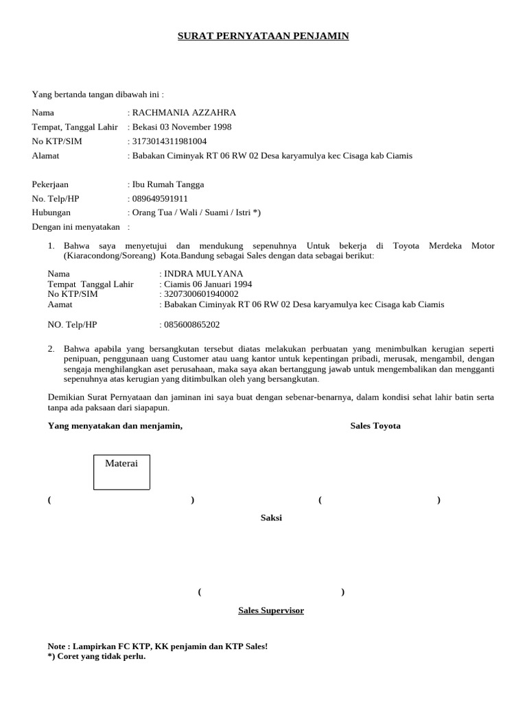 Surat Pernyataan Penjamin | PDF