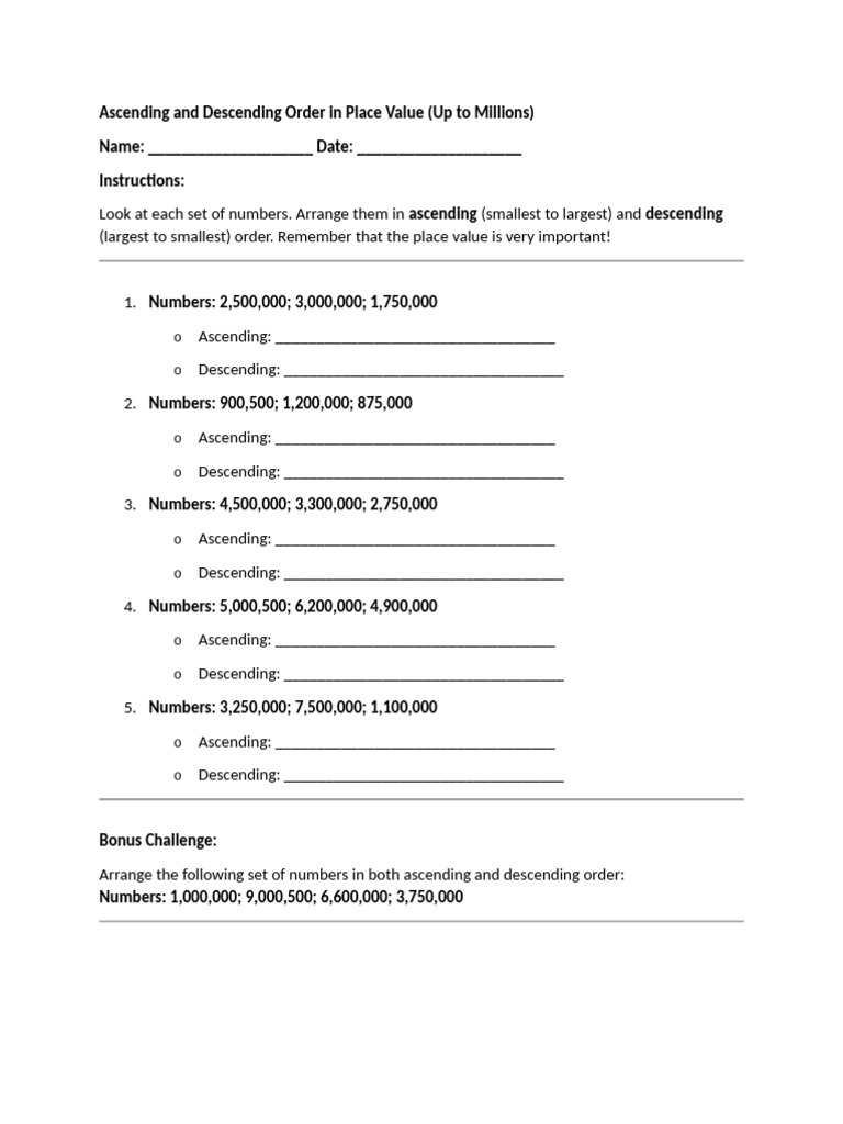 Ascending and Descending Order in Place Value | PDF | Science | Quantity
