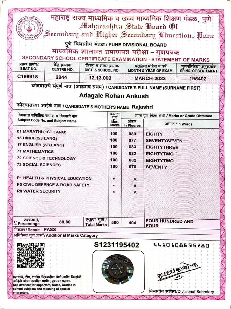 10th Marksheet | PDF