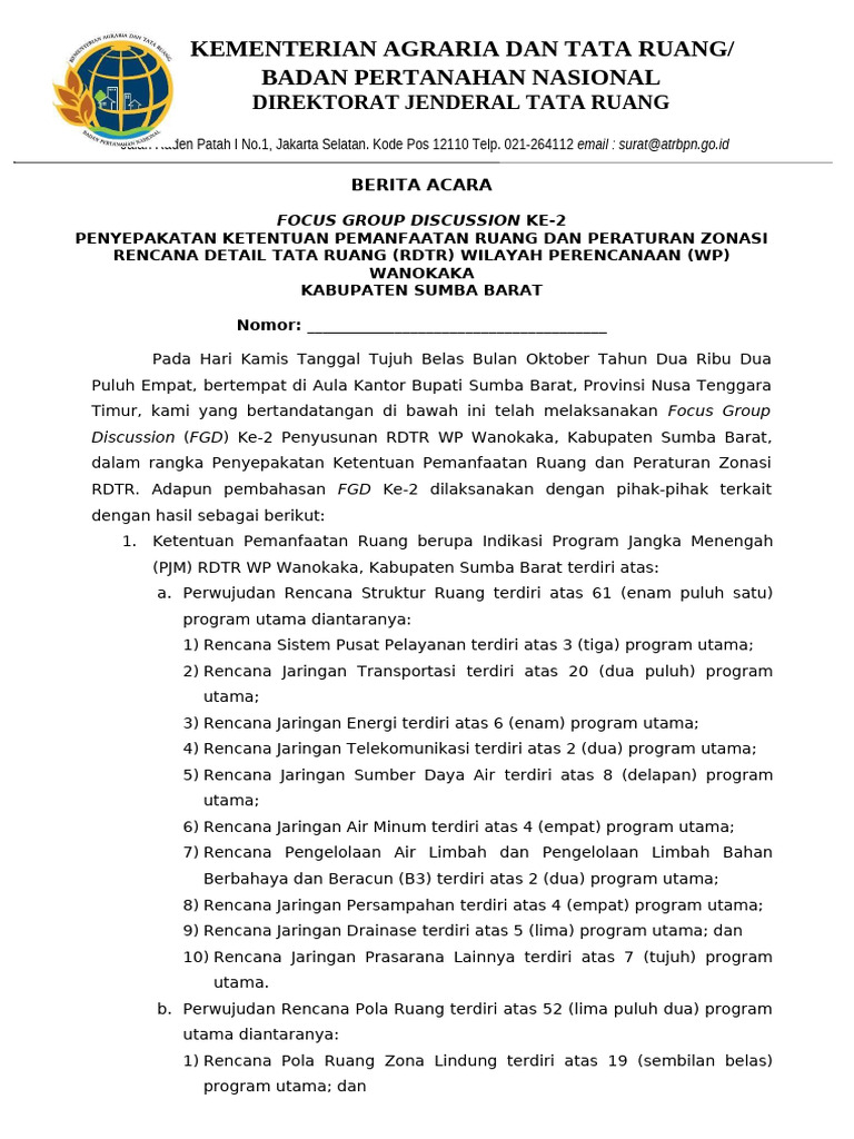 Rev - 1 - 241017 KONSEP BERITA ACARA FGD 2 RDTR WILAYAH PERENCANAAN WANOKAKA SUMBA BARAT | PDF
