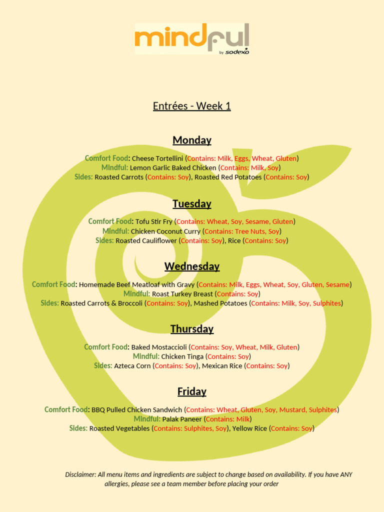 January 2024 Weekly Menu With Allergens Listed | PDF | Pizza | Salad