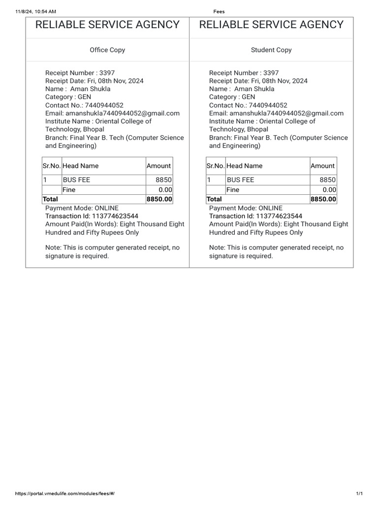 Bus Fees 7th Sem | PDF