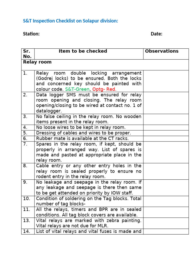 S&T Inspection Checklist | PDF | Power Supply | Relay