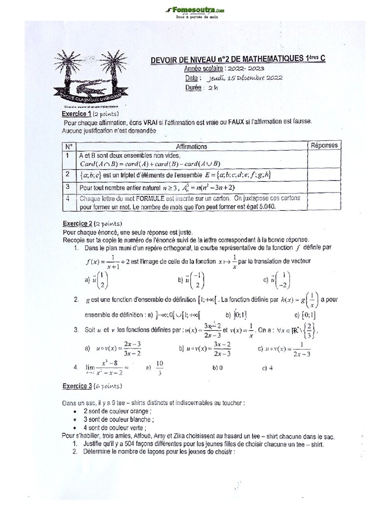 Devoir de Mathématiques | PDF