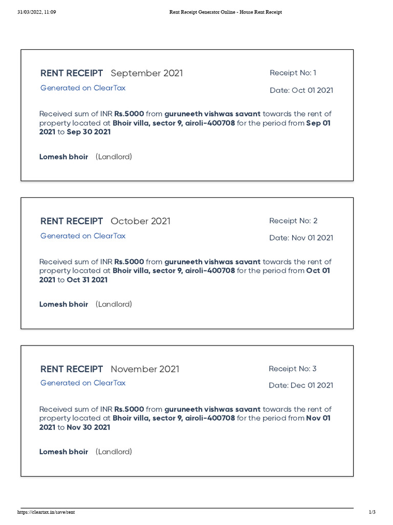 Rent Receipt Generator Online - House Rent Receipt | PDF