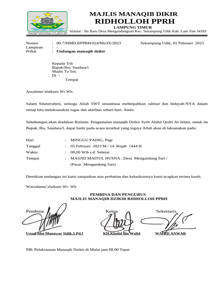 UNDANGAN MANAQIB ZIKIR - 05 - 2-2023 Masjid Baitul Husna | PDF