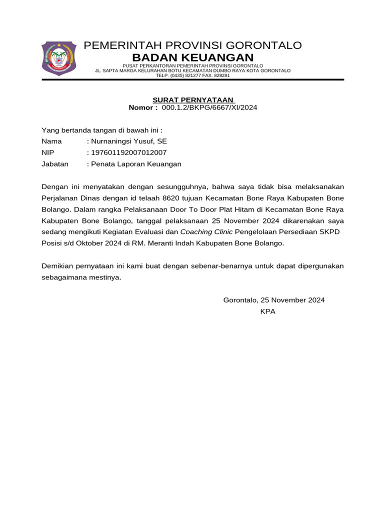 Surat Pernyataan Pembatalan Perjalanan Dinas | PDF