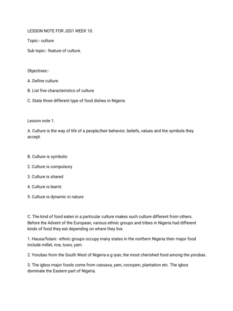 1515 - Lesson Note For Jss1 Week 10 | PDF