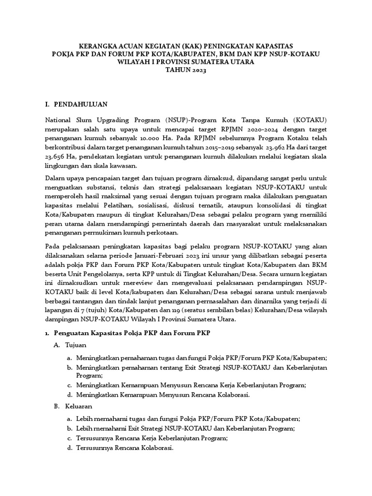 KAK Penguatan Kapasitas Pokja PKP Dan Forum PKP | PDF