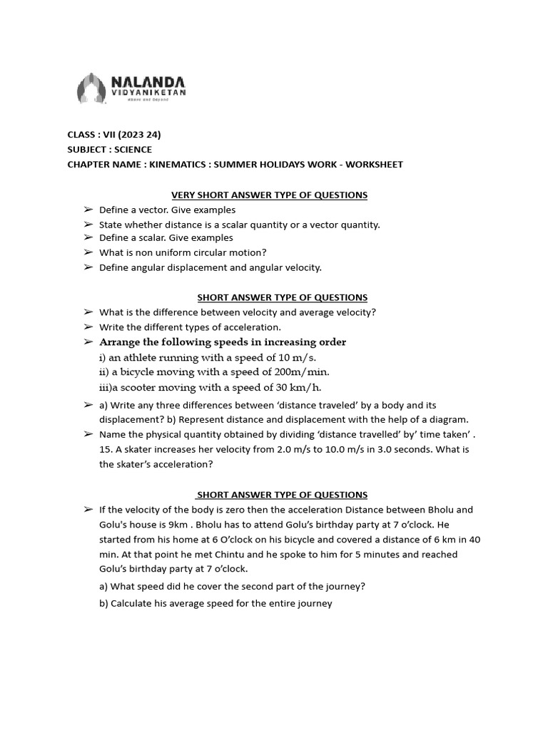 Class VIII 9. Kinematics Worksheet | PDF | Velocity | Speed