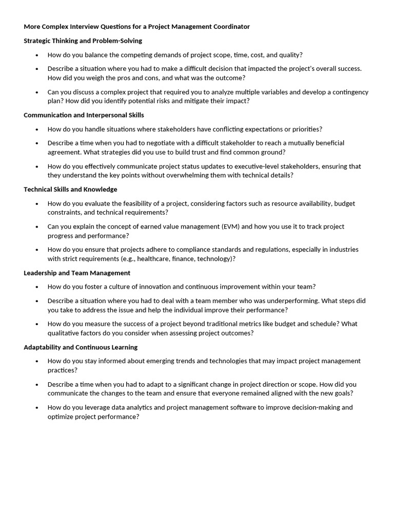 More Complex Interview Questions For A Project Management Coordinator ...