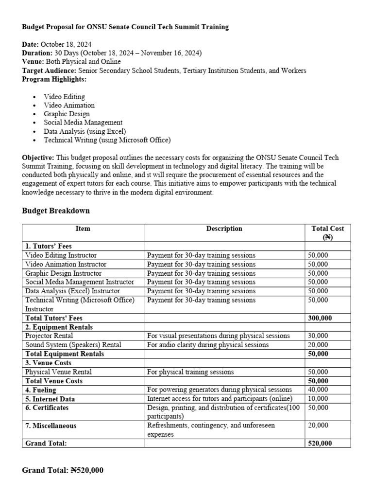 Budget For Tech Summit Training | PDF