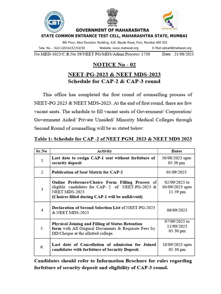 Notice No.02 NEET PG & MDS Schedule For CAP 2 & CAP 3 | PDF