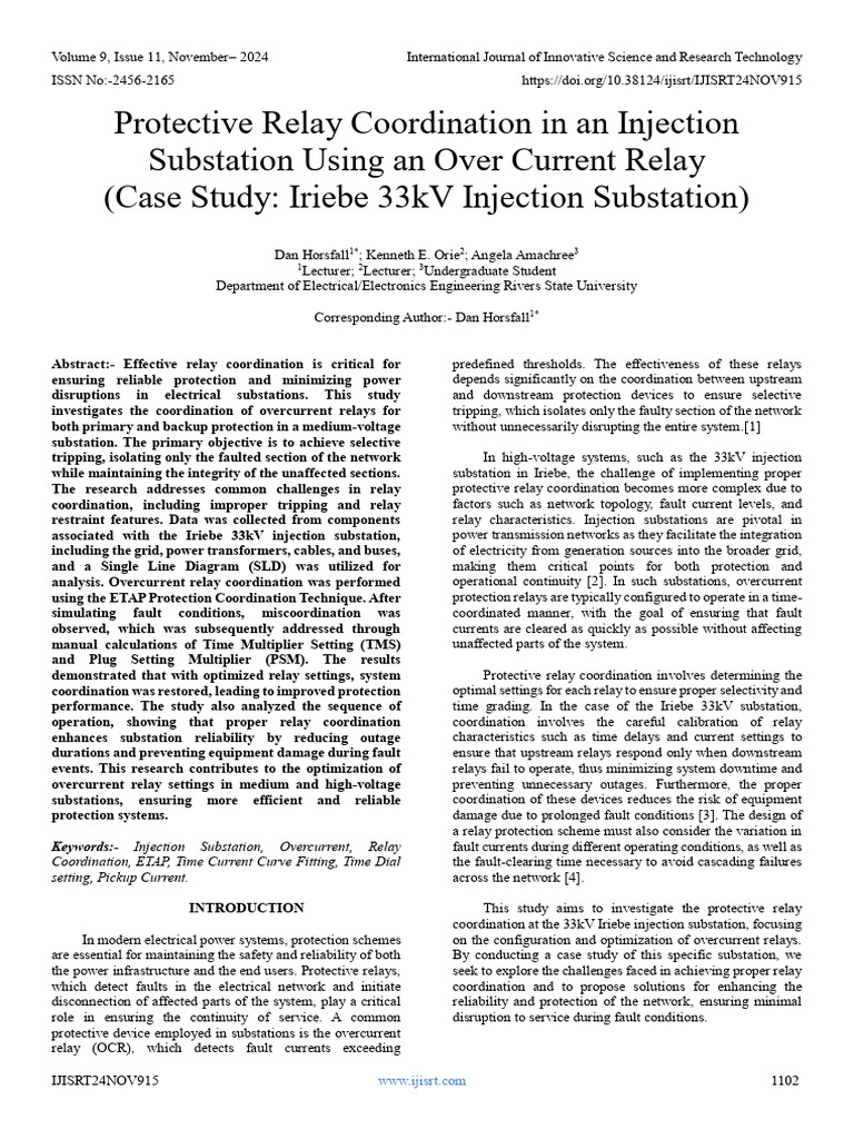 Protective Relay Coordination in An Injection Substation Using An Over Current Relay (Case Study ...