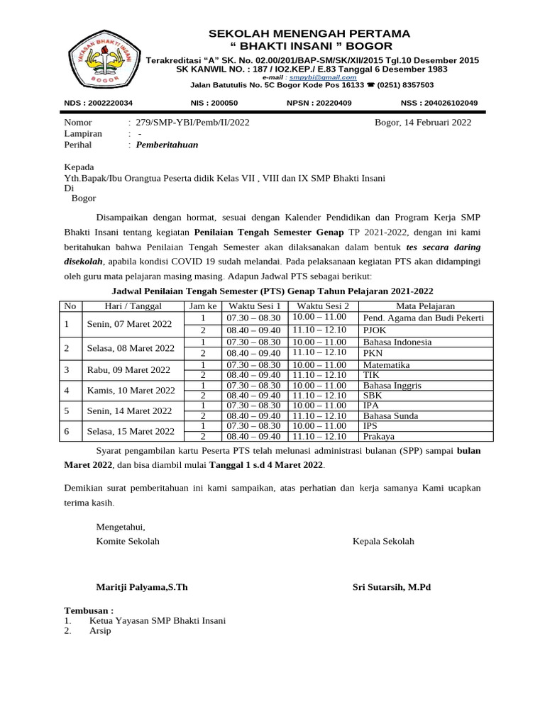 Surat PTS 2021 2022 | PDF
