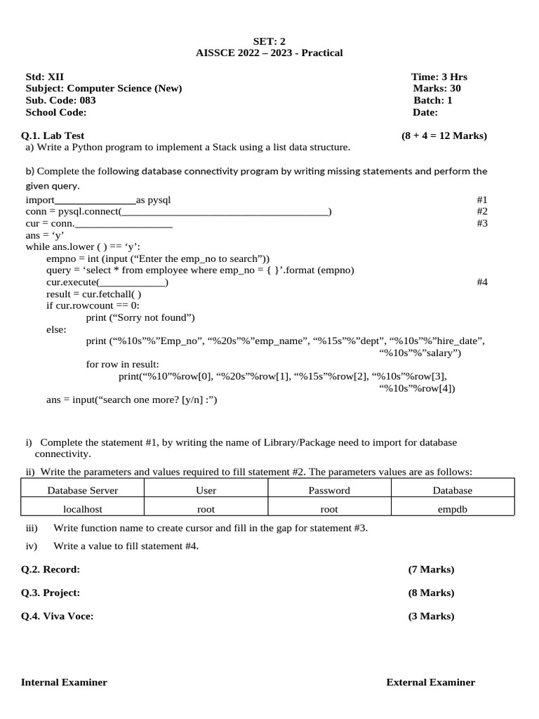 AISSCE CS Practical QP-0002 | PDF | Databases | Information Technology