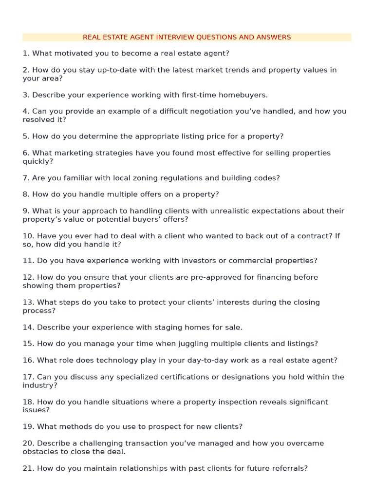 Real Estate Agent Interview Questions and Answers | PDF | Sales ...