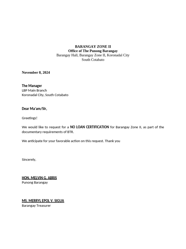 Cover Letter To LBP Certificate of No Loan Balance ZONE II | PDF