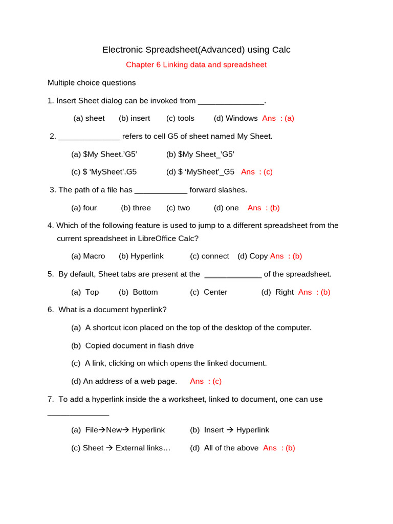 Linking and sharing Spreadsheet MCQ | PDF | Spreadsheet | Hyperlink Linking and sharing Spreadsheet MCQ | PDF | Spreadsheet | Hyperlink