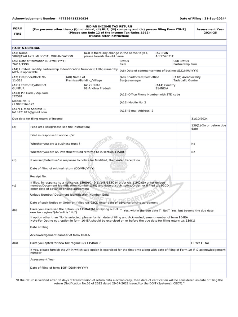 ITR-5 Filing for Partnership Firms 2024 | PDF | Payments | Expense