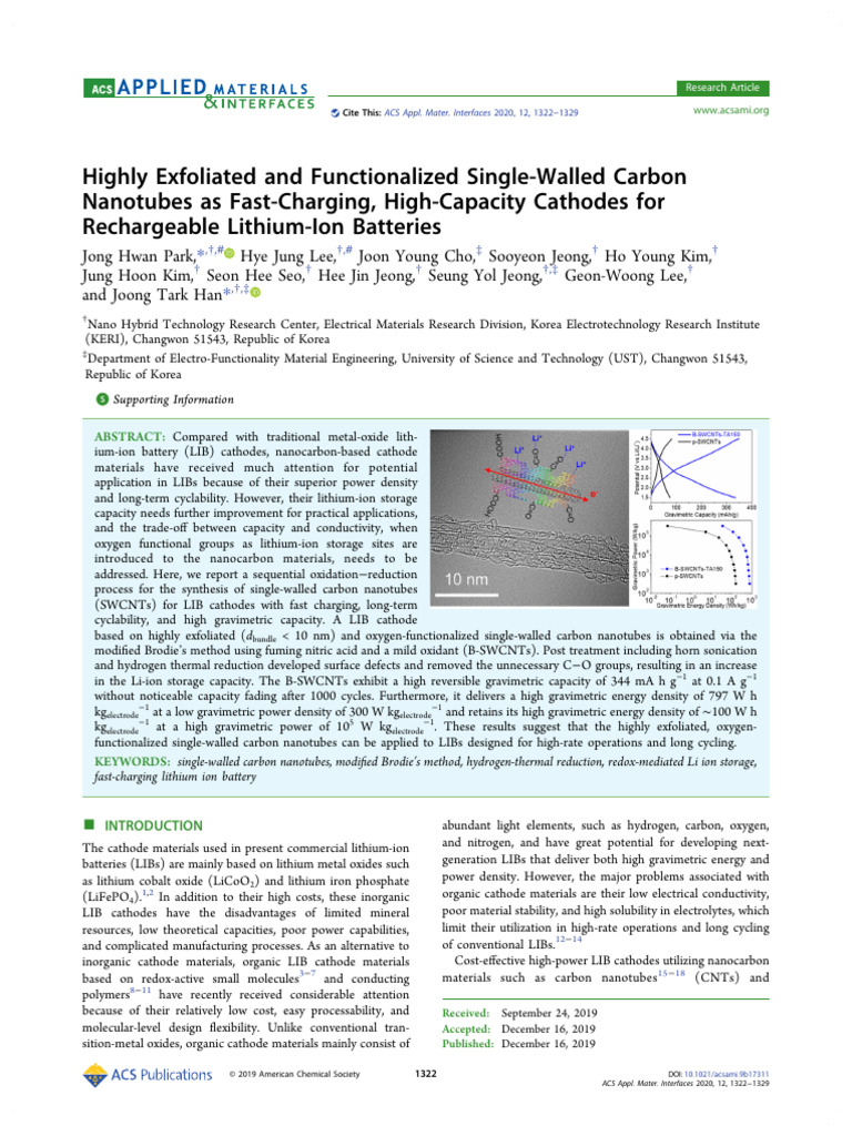 2019 Highly Exfoliated and Functionalized Single Walled Carbon Nanotubes As Fast Charging High ...
