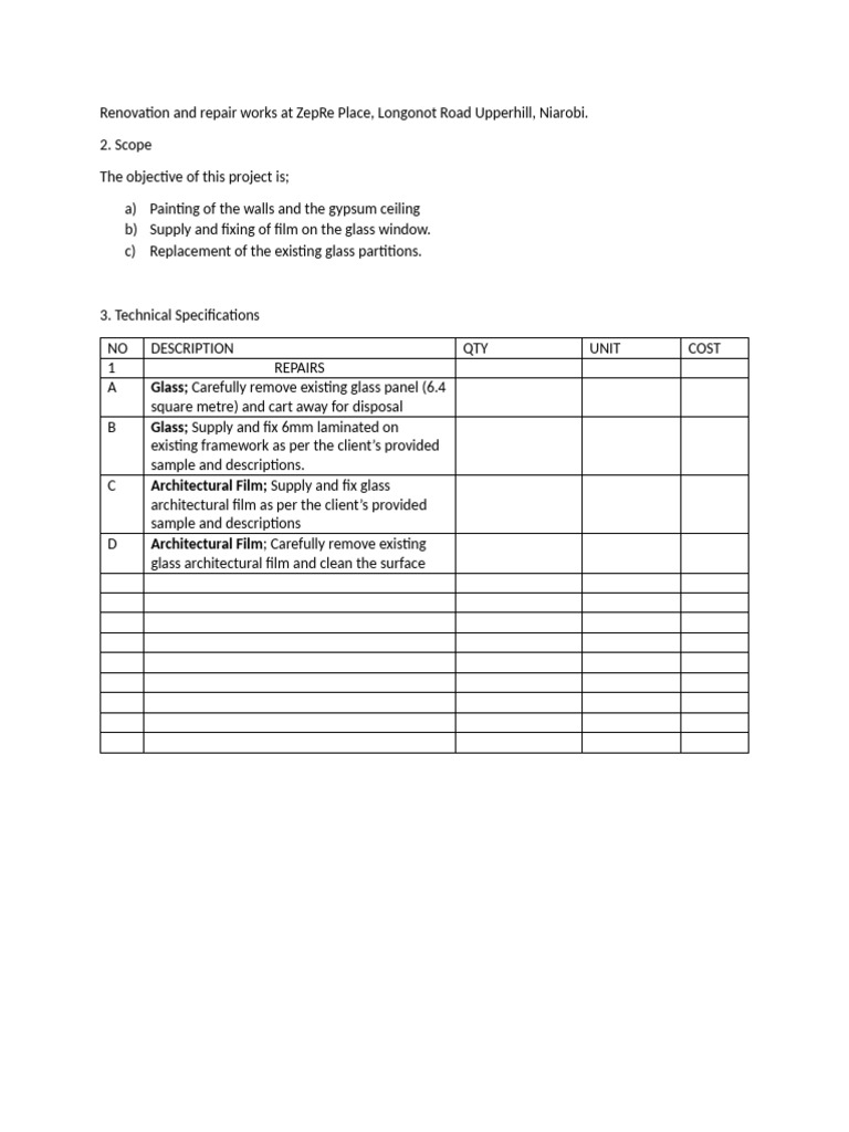 Renovation and Repair Works at ZepRe Place | PDF